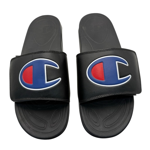 Champion | Shoes | Champion Black Slides With Red And Blue Logo | Poshmark